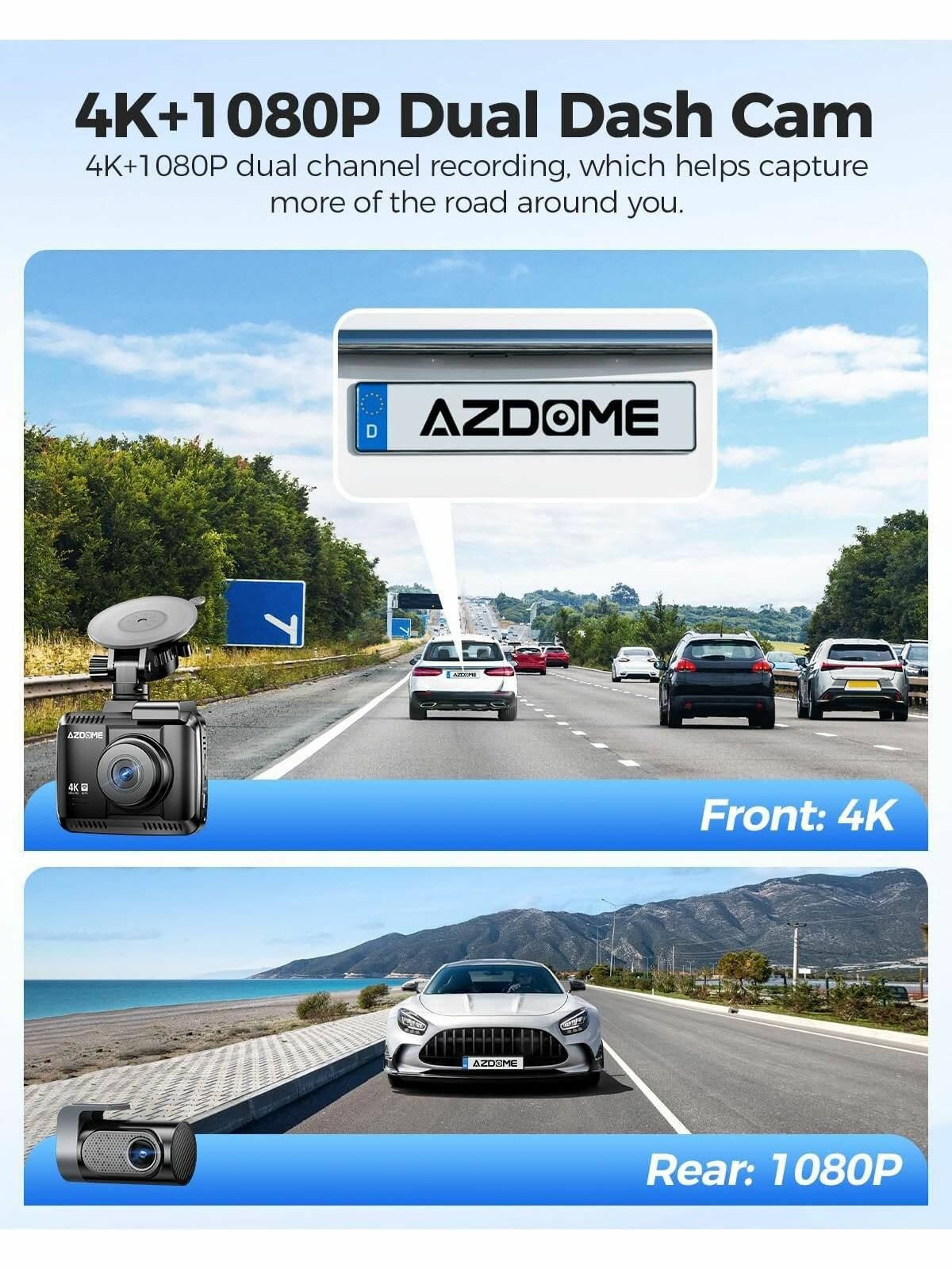 Видеорегистратор AZDOME GS63H Pro 4K+1080P с GPS, Wi-Fi 6, режим парковки, двойная запись, ночь, ADAS, карта 64 ГБ