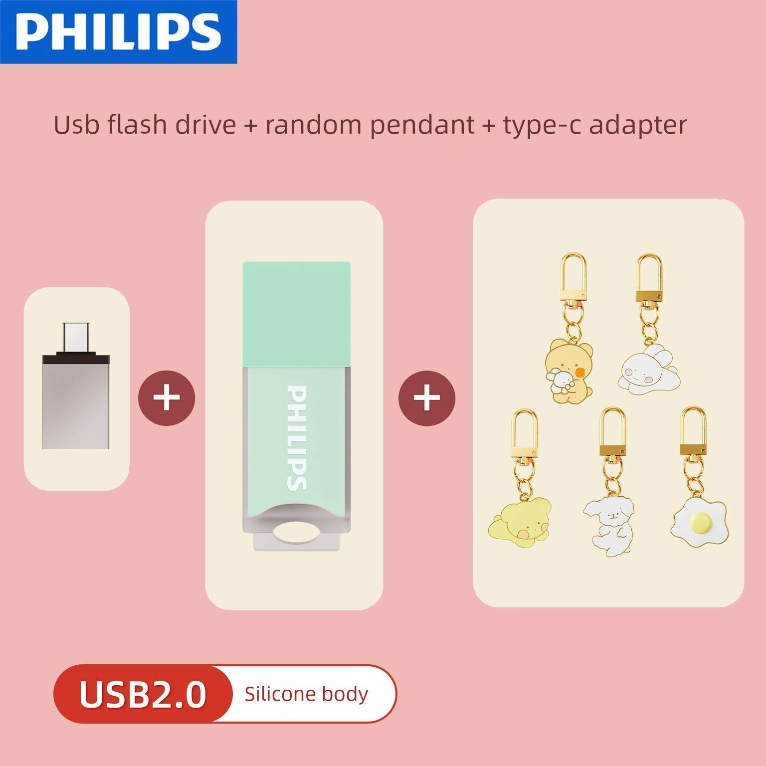 Philips Высокоскоростная мини-джели-флешка 8 ГБ мятная зеленая с адаптером Type-C для ноутбука, ПК