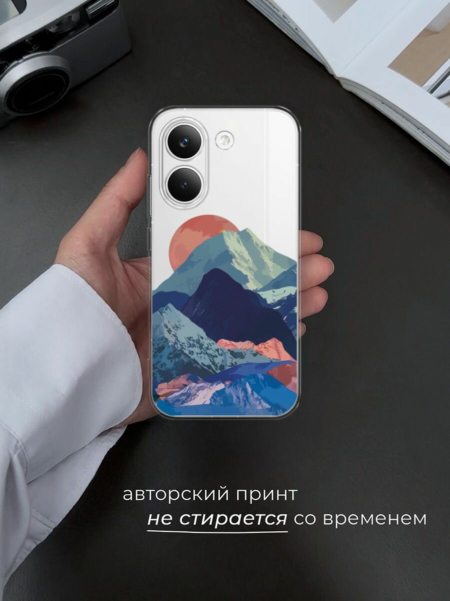 Чехол на Poco X8 Pro / Поко X8 Про с принтом Закат в снежных горах, прозрачный — фото 1
