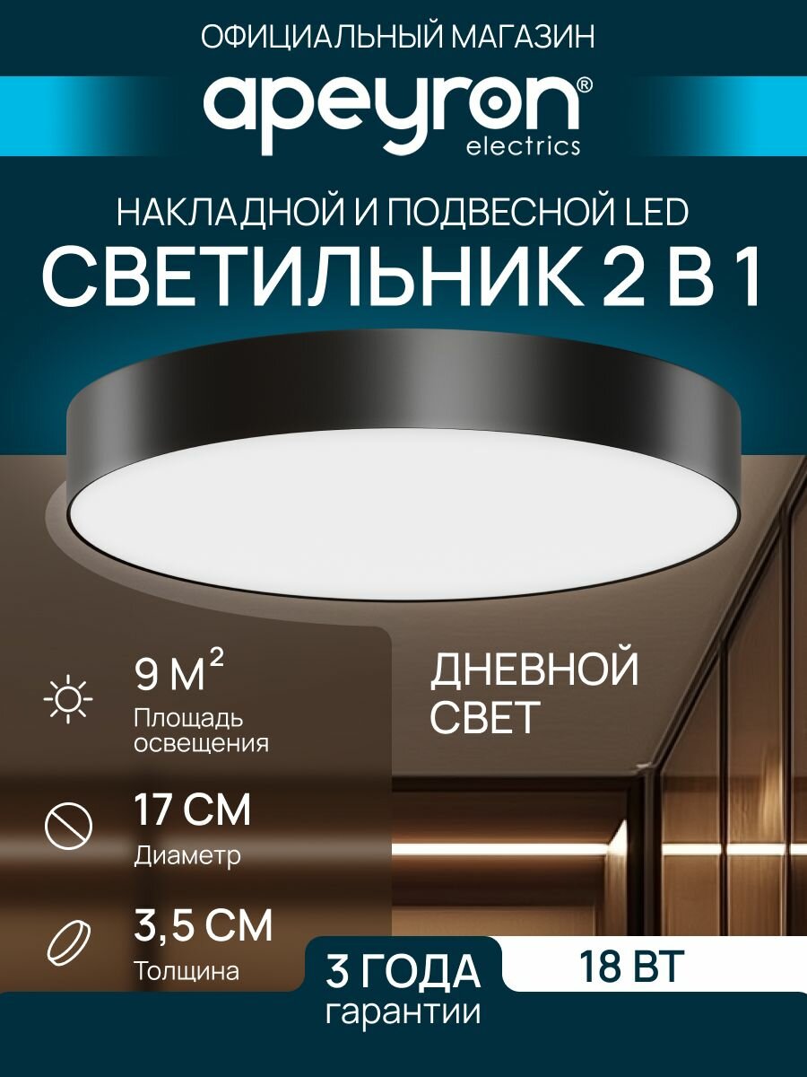 Светильник светодиодный накладной MIN Apeyron 18-157, 18Вт, 4000К, d170х35мм, черный