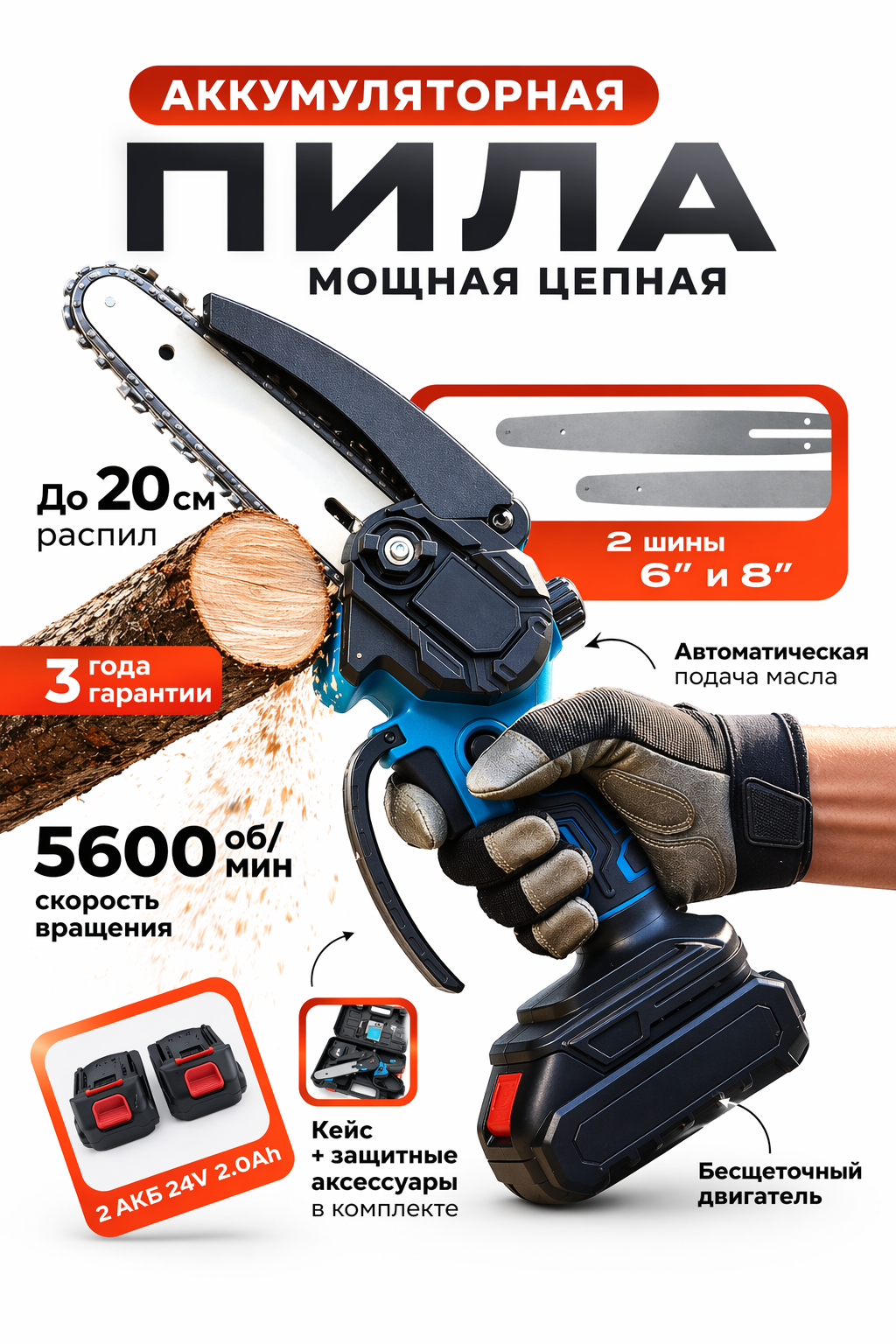 Пила аккумуляторная цепная садовая мини сучкорез электропила электрическая (6 + 8 дюймов, 2 цепи, 2 батареи 2000mah)