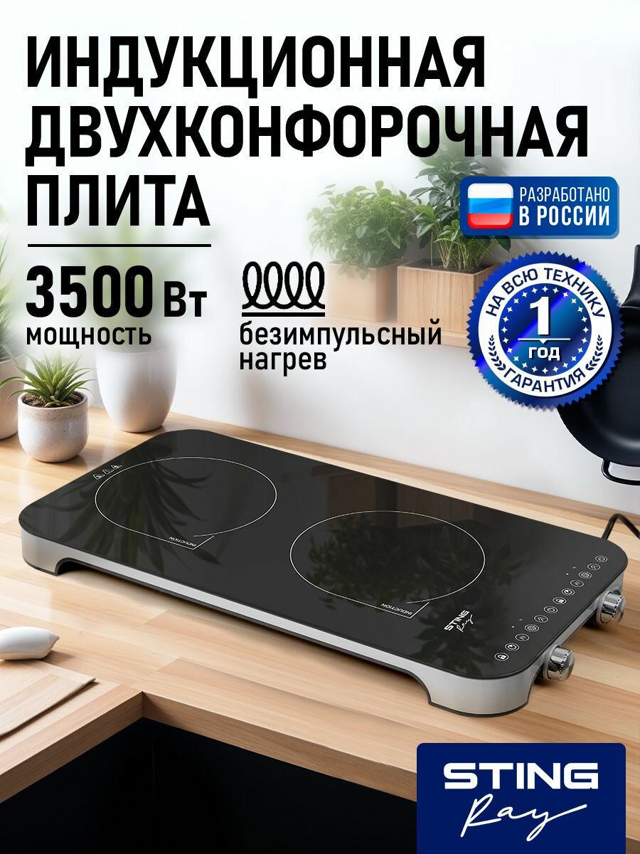 STINGRAY Индукционная варочная панель, 2 конфорки, безимпульсная плитка, LED-дисплей, таймер, термостат, черный жемчуг