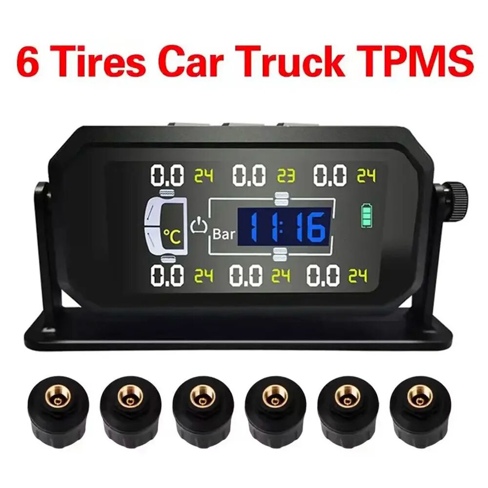 Система Контроля Давления В Шинах (TPMS) На Солнечной Энергии С 6 Датчиками И ЖК-дисплеем Для Автомобилей И Грузовиков: Диагн.