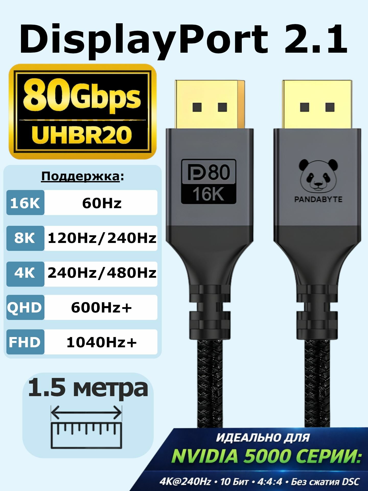 Кабель DisplayPort 2.1 DP80 UHBR20, скорость передачи данных 80 Гбит /с, поддержка 16K@60 Гц, 8K@240 Гц, 4K@480 Гц, длина 1.5м