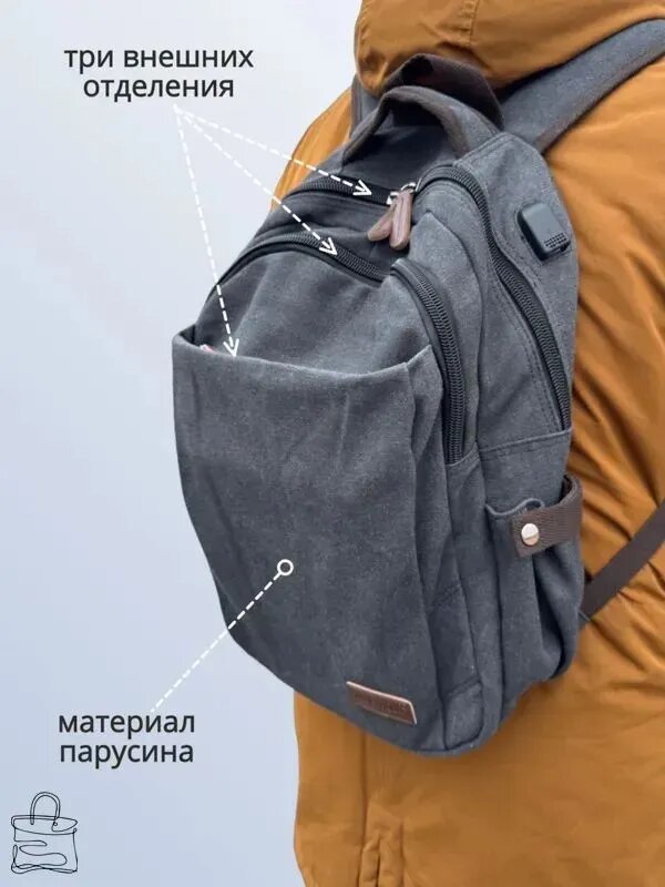 Рюкзак городской из брезента 45x30x15 см черный для ноутбука — фото 1