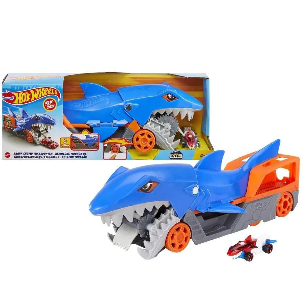 Mattel Hot Wheels Игровой набор Hungry Shark Transporter с 1 транспортным средством на гоночной трассе в масштабе 1:64 для детей от 4 до 8 лет