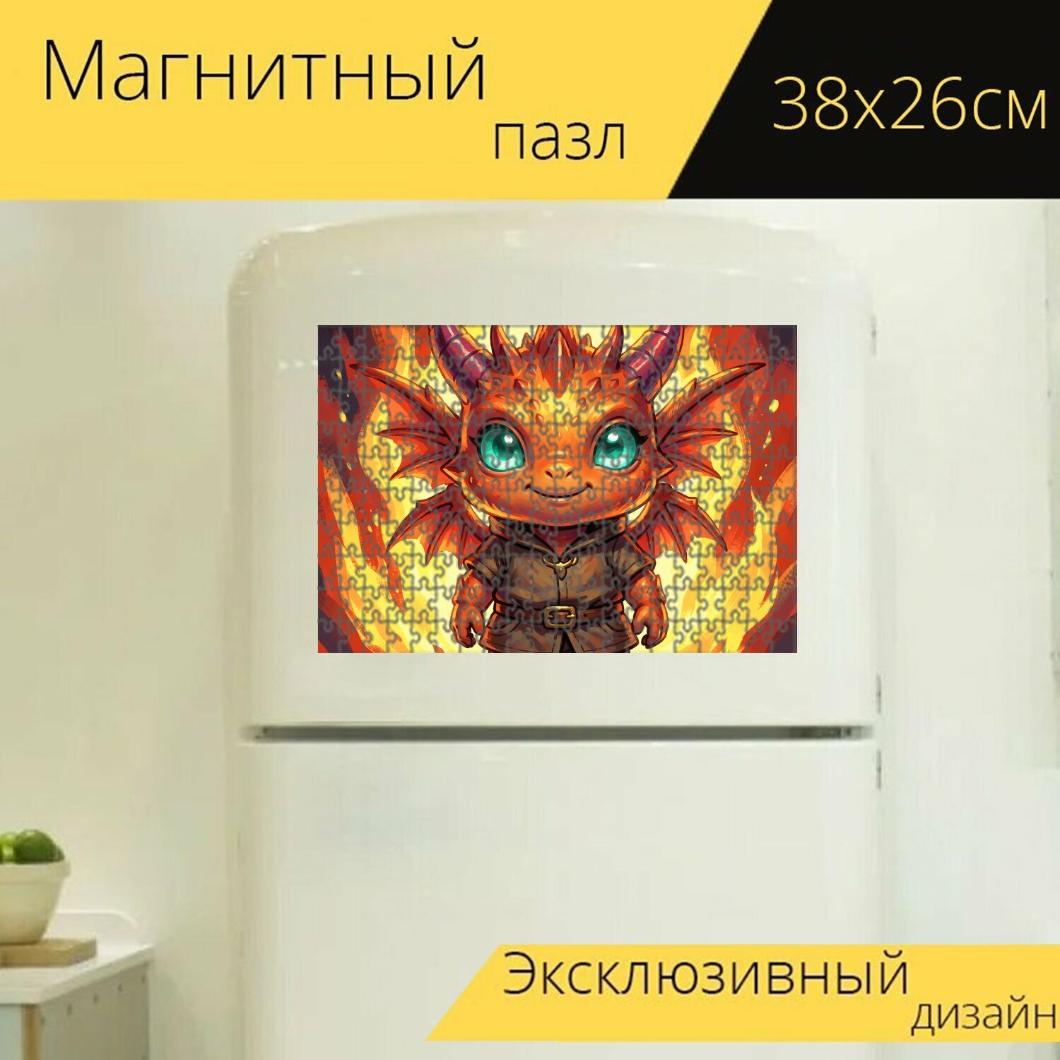 Магнитный пазл "Милый огненный дракончик. Очаровательный фантазийный зверёк с бирюзовыми глазами, рогами и крыльями стоит на фоне пылающего пламени. Яркая." для интерьера, 38х26 см.
