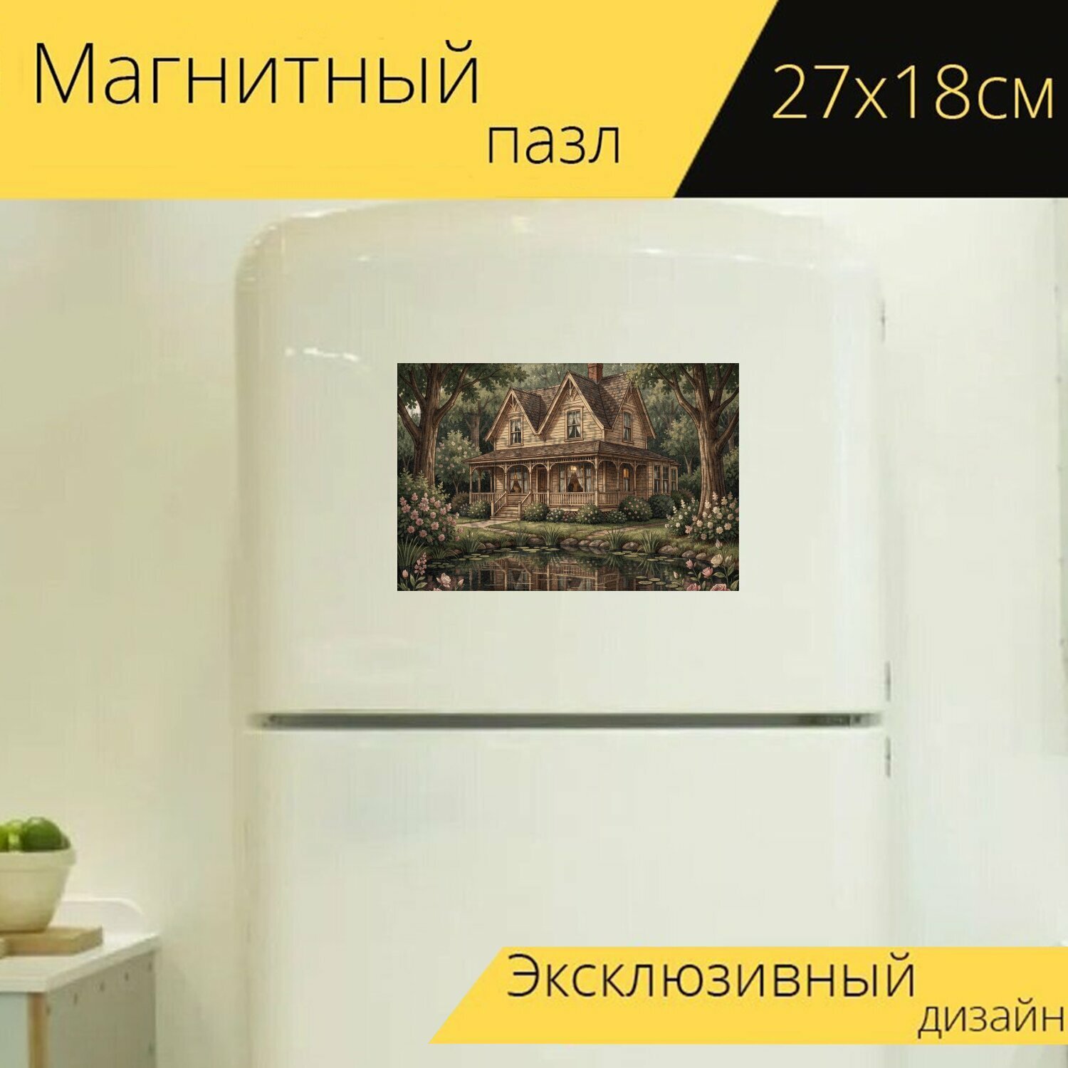 Магнитный пазл "Дом у лесного пруда. Уютный загородный особняк в окружении густых деревьев и цветущих кустов, отражение в тихой воде, винтажная." на холодильник 27 x 18 см.