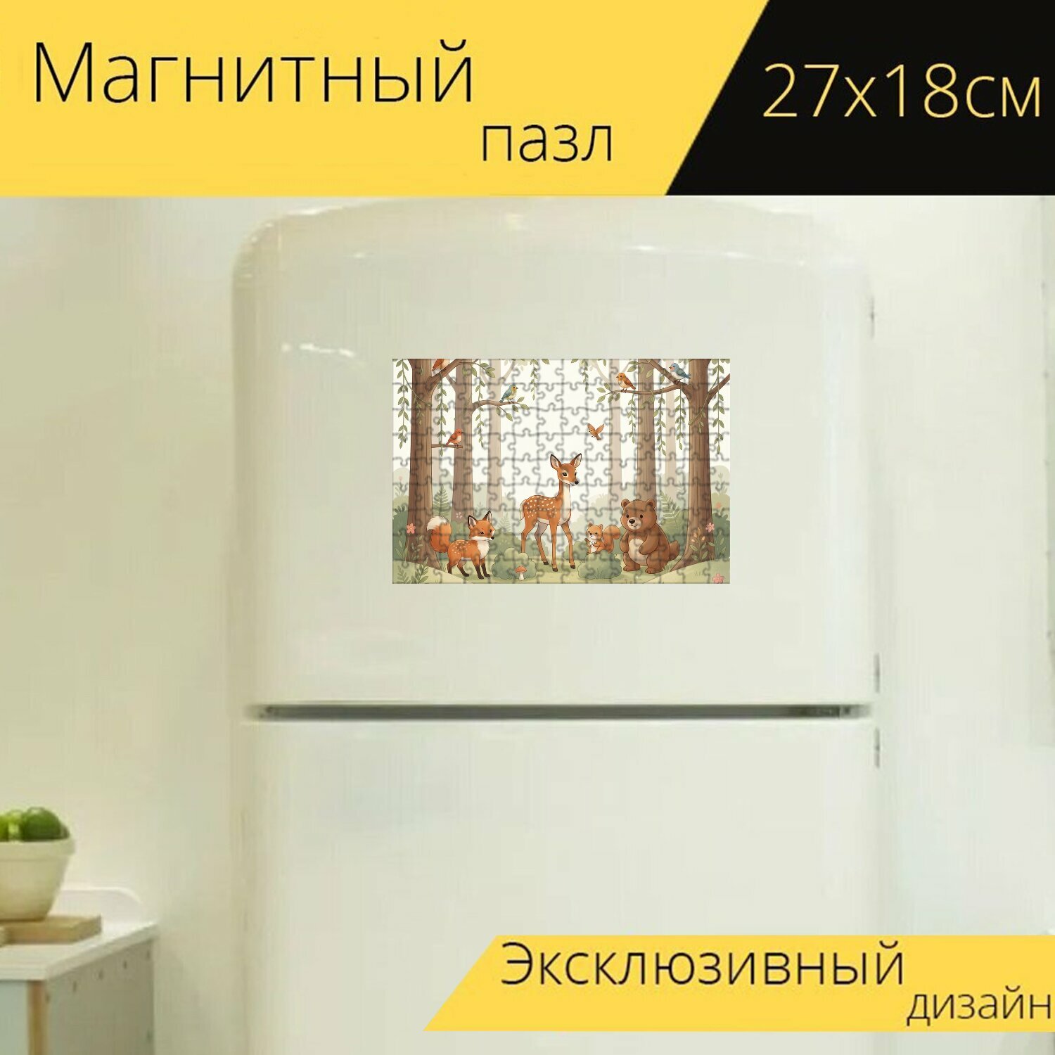 Магнитный пазл "Лесные звери и птицы в чаще. Милый мультяшный лес с оленёнком, лисой, белкой и медведем среди высоких деревьев. На ветках сидят." на холодильник 27 x 18 см.