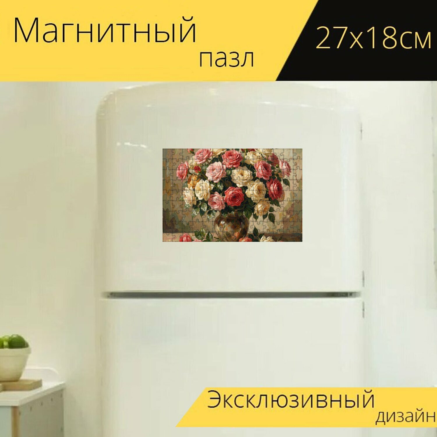 Магнитный пазл "Букет роз в вазе. Живописная композиция с пышными садовыми цветами в керамической посуде, пастельные розовые, кремовые и красные оттенки." на холодильник 27 x 18 см.