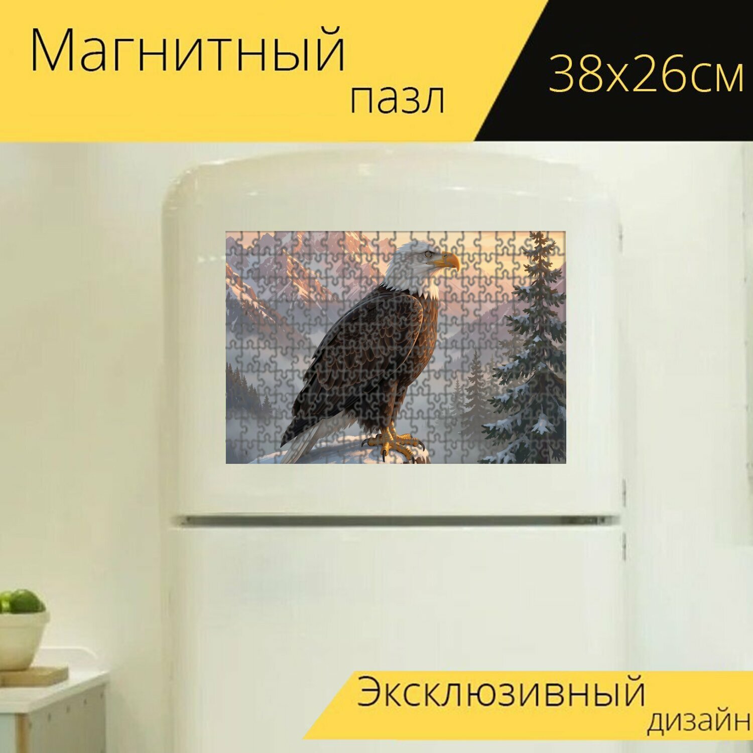 Магнитный пазл "Белоголовый орлан в горах. Величественный хищник на заснеженном утесе на фоне высоких альпийских вершин, елей и утреннего тумана." для интерьера, 38х26 см.