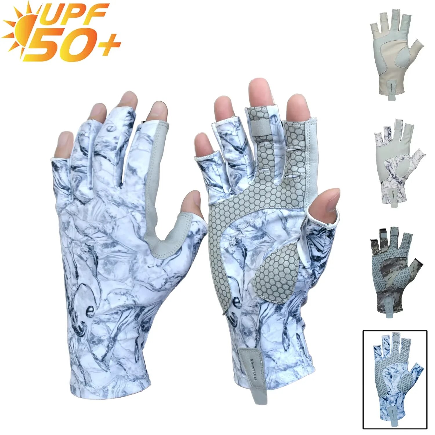 Перчатки для рыбалки Aventik Riverruns без пальцев, L, Camo blue Silicone