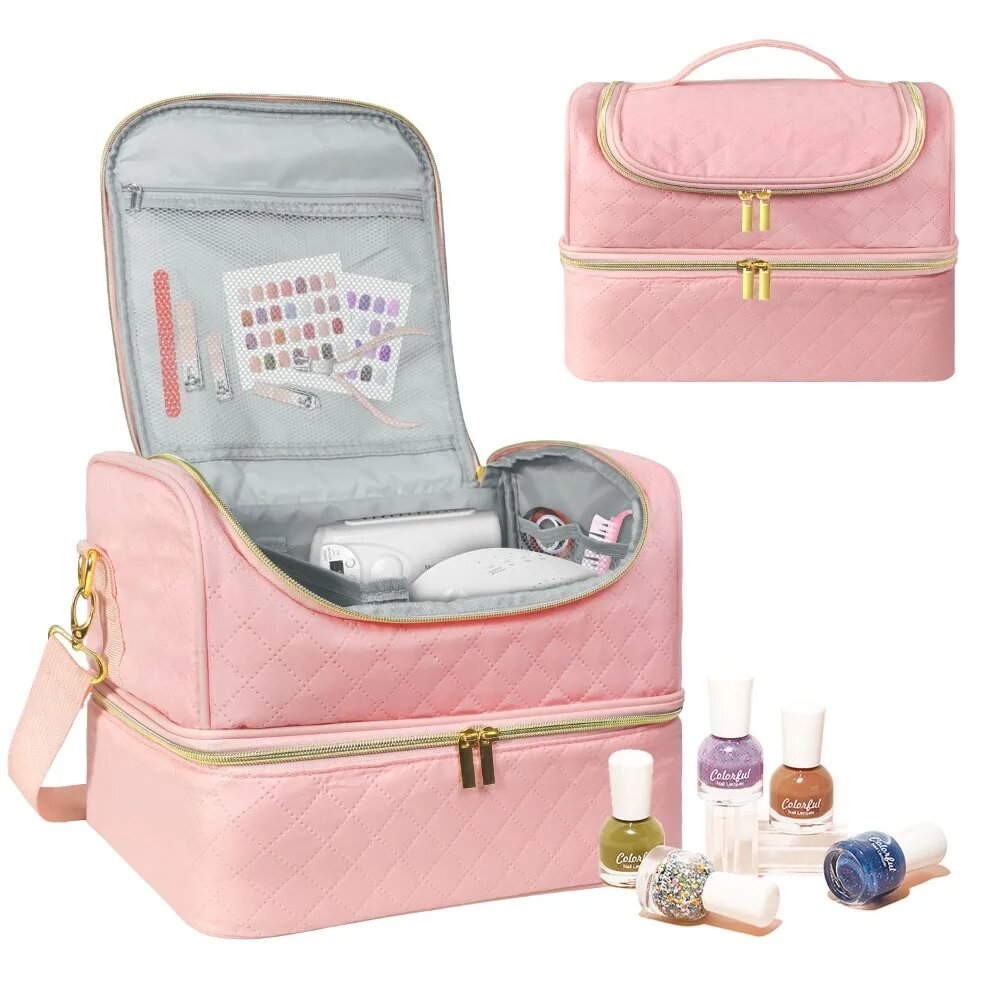 Двухслойная сумка для лаков для ногтей из искусственной кожи Розовый, Light Pink