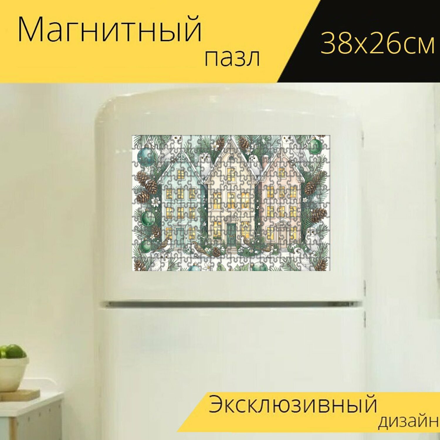 Магнитный пазл "Зимние домики с совами и еловым декором. Сказочная зимняя композиция с пастельными фасадами, светящимися окнами, белоснежными совами." для интерьера, 38х26 см.