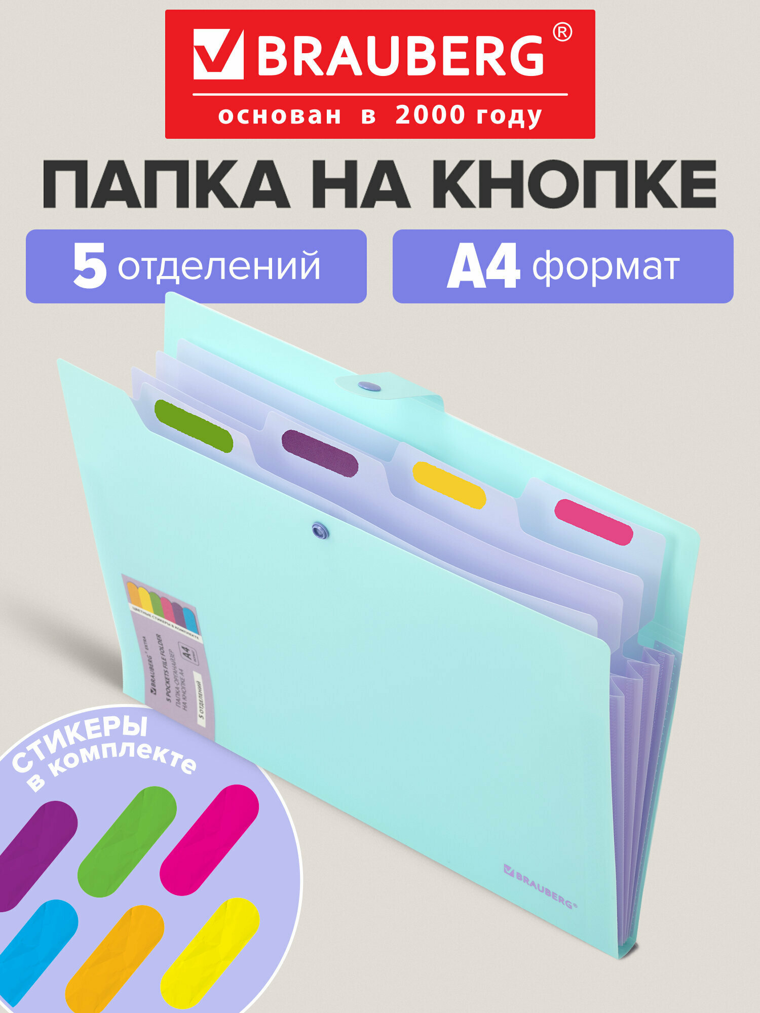 Папка для документов А4 канцелярская на кнопке, органайзер для бумаг 5 отделений, Brauberg Extra, 274099