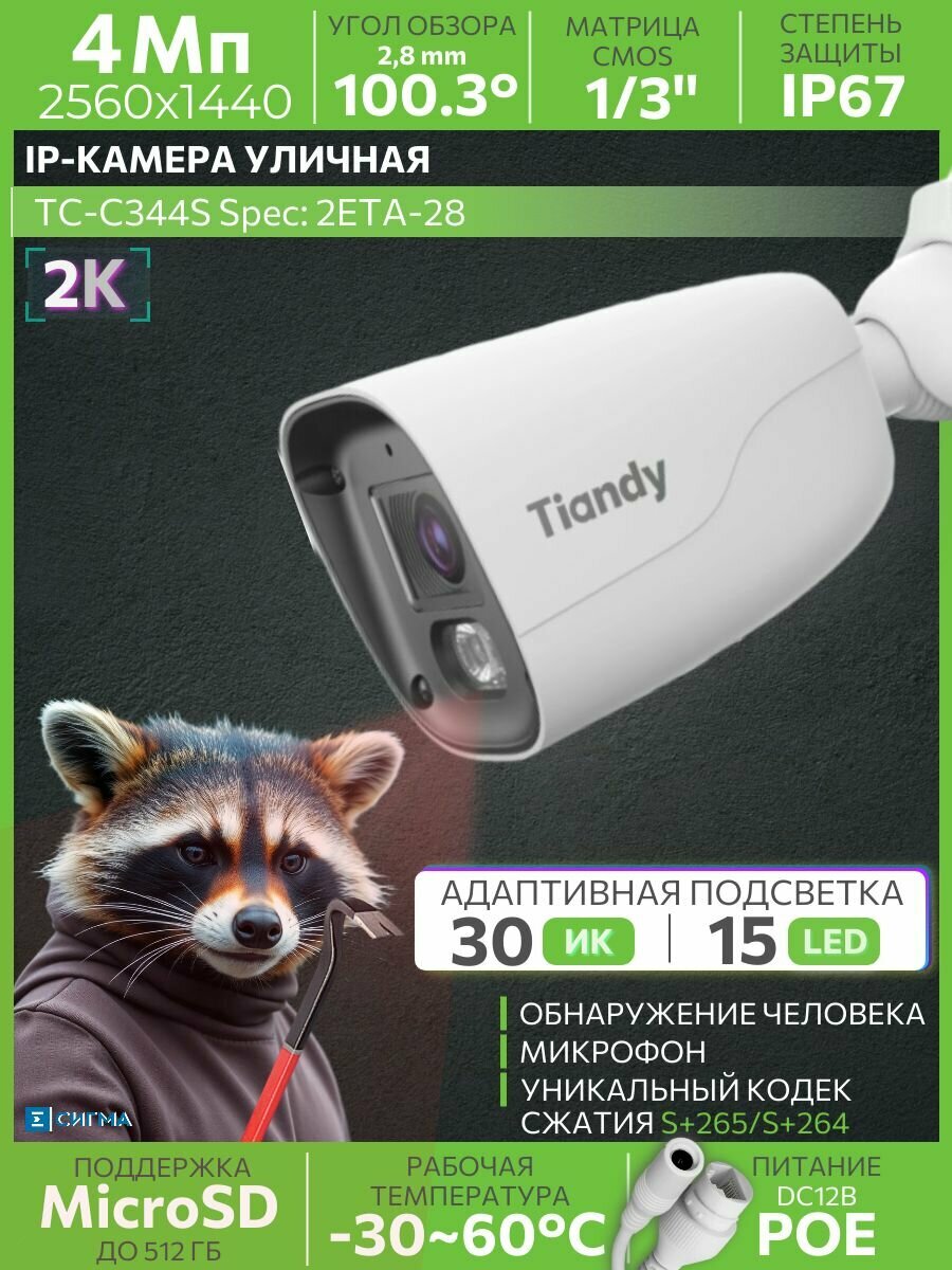 IP-камера Tiandy TC-C344S 2ETA-28 4Мп 2.8мм ИК до 30м LED до 15м CMOS PoE MicroSD до 512Гб цилиндрическая микрофон