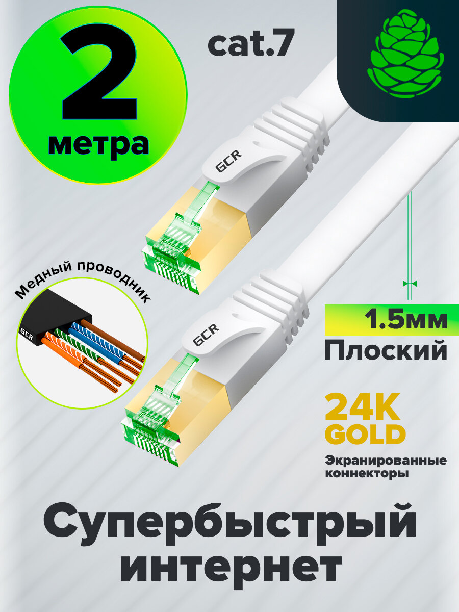 Патч-корд 2 метра кат.7 FTP плоский LSZH 30AWG белый RJ45 24K GOLD T568B GCR PROF кабель для интернета экранированный CU