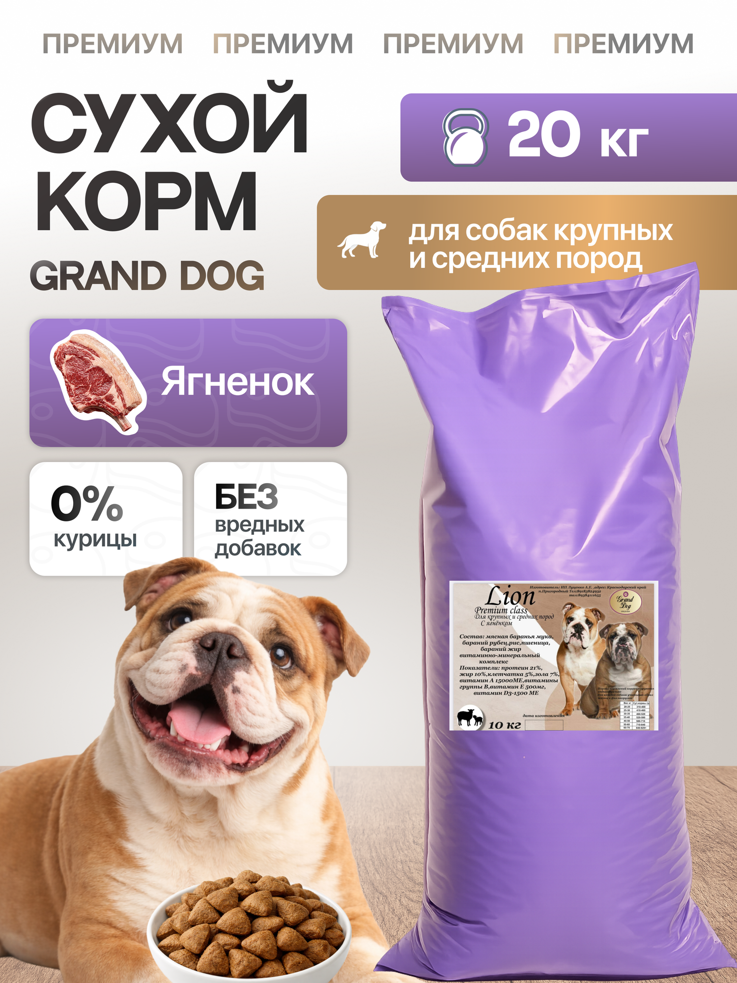 Сухой корм Grand Dog Lion с ягненком для собак крупных и средних пород 20 кг