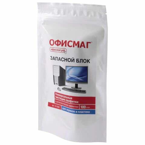 Салфетки для экранов всех типов и пластика (запасной блок) офисмаг, пакет 100 шт, влажные, 511686
