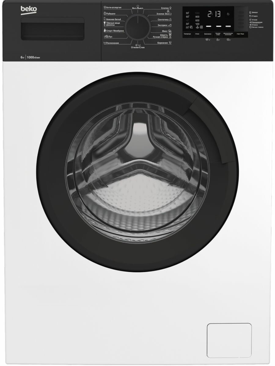 Стиральная машина Beko WRE65120ZAW, узкая, загрузка 6 кг, белая/черная
