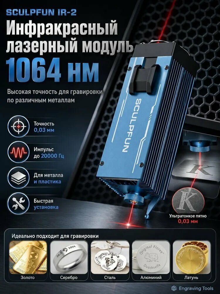 1064нм ИК-лазер SCULPFUN IR-2, 2Вт для гравировки металла, пластика, S9/S10/S30 (156 знаков)