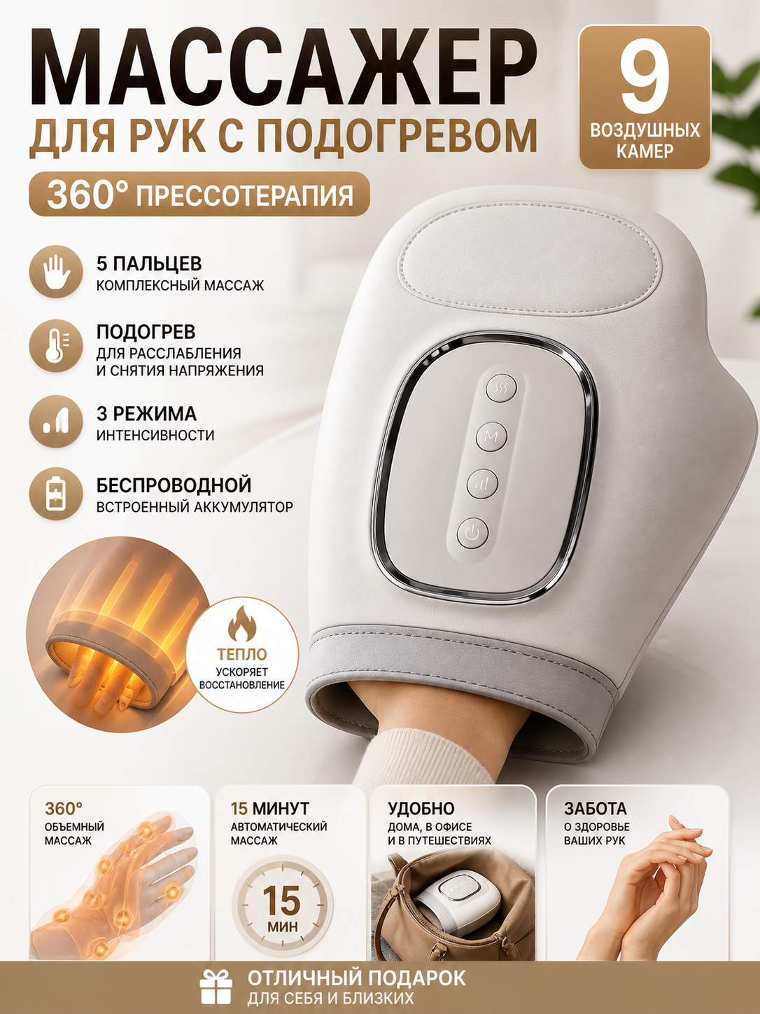 Массажер для рук с подогревом, 9 воздушных камер, 360° прессотерапия, Беспроводной, 5 пальцев
