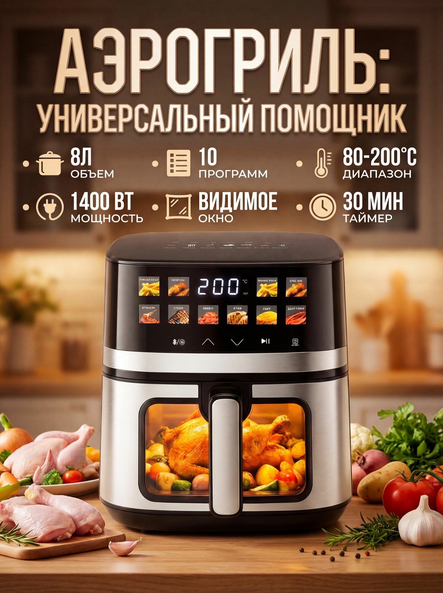 Аэрогриль электрический Air Fryer, Объём 8л,10 программ Сенсорное управление, визуальное окно, съемная решетка , Защита от перегрева, Мощность 1400Вт,(с металлической внутренней стенкой )