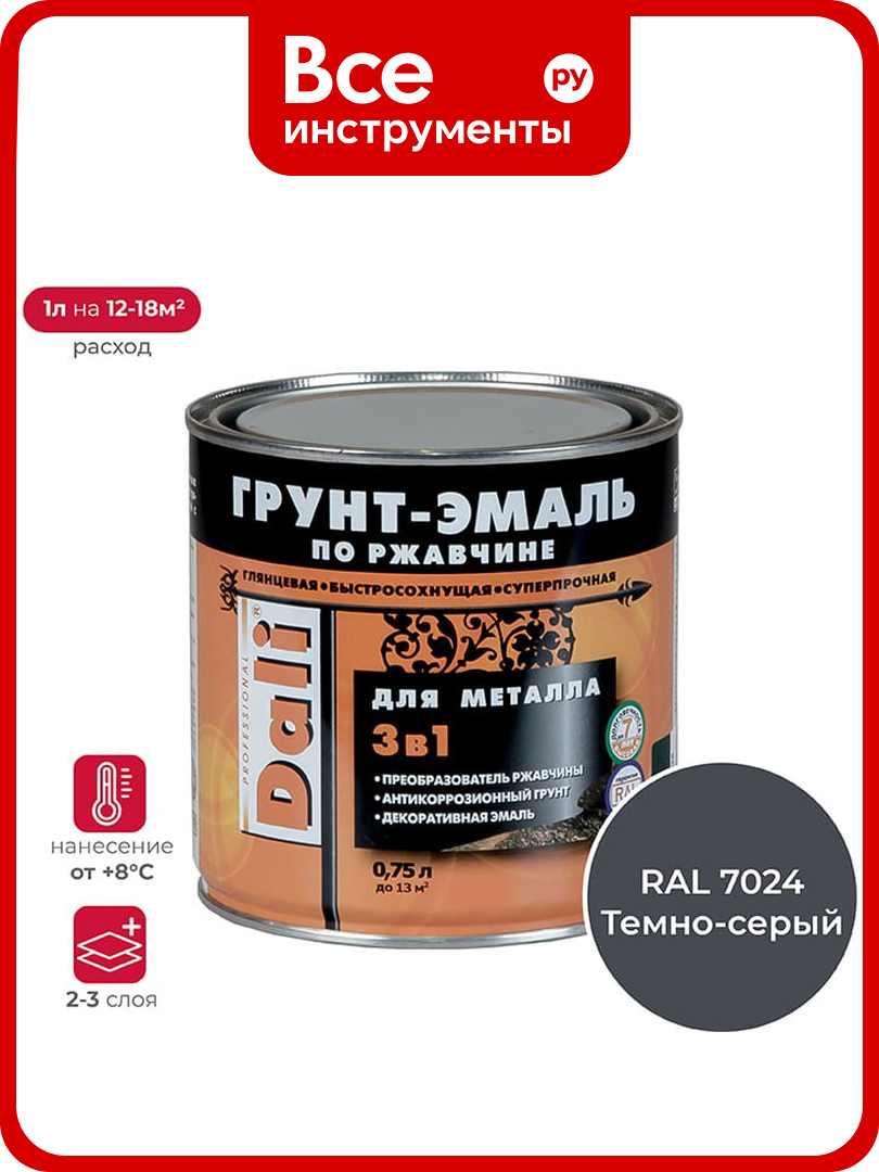 Графитовая грунт-эмаль по ржавчине DALI 3 в 1 серая Ral 7024, 0.75 л 232348