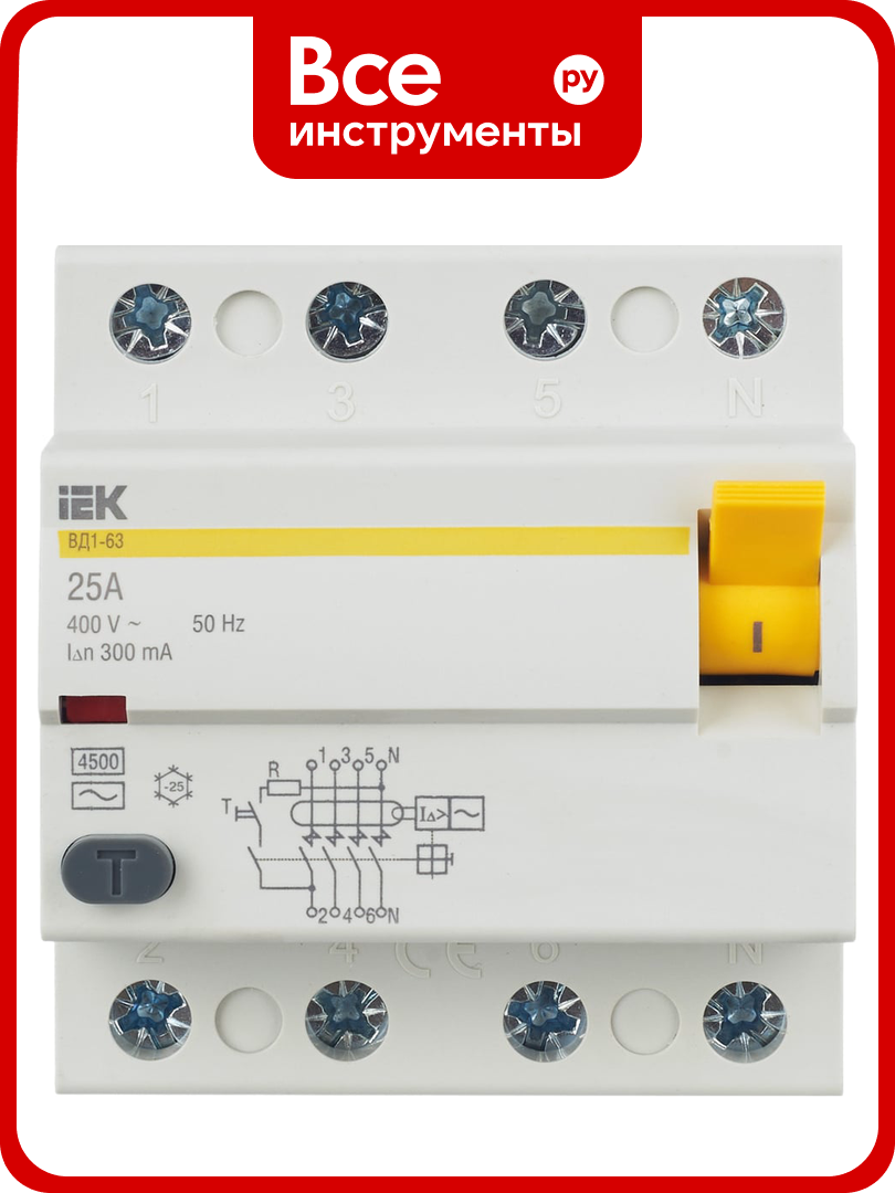Выключатель дифференциального тока IEK 4п 25A 300mA тип AC ВД1-63 ИЭК MDV10-4-025-300