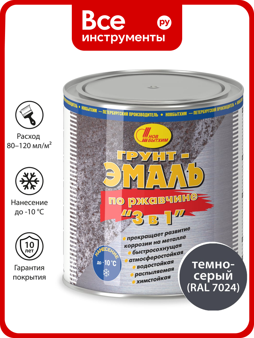 Грунт-эмаль по ржавчине Новбытхим 3 в 1, тёмно-серая, RAL 7024, 2,7 л 3386