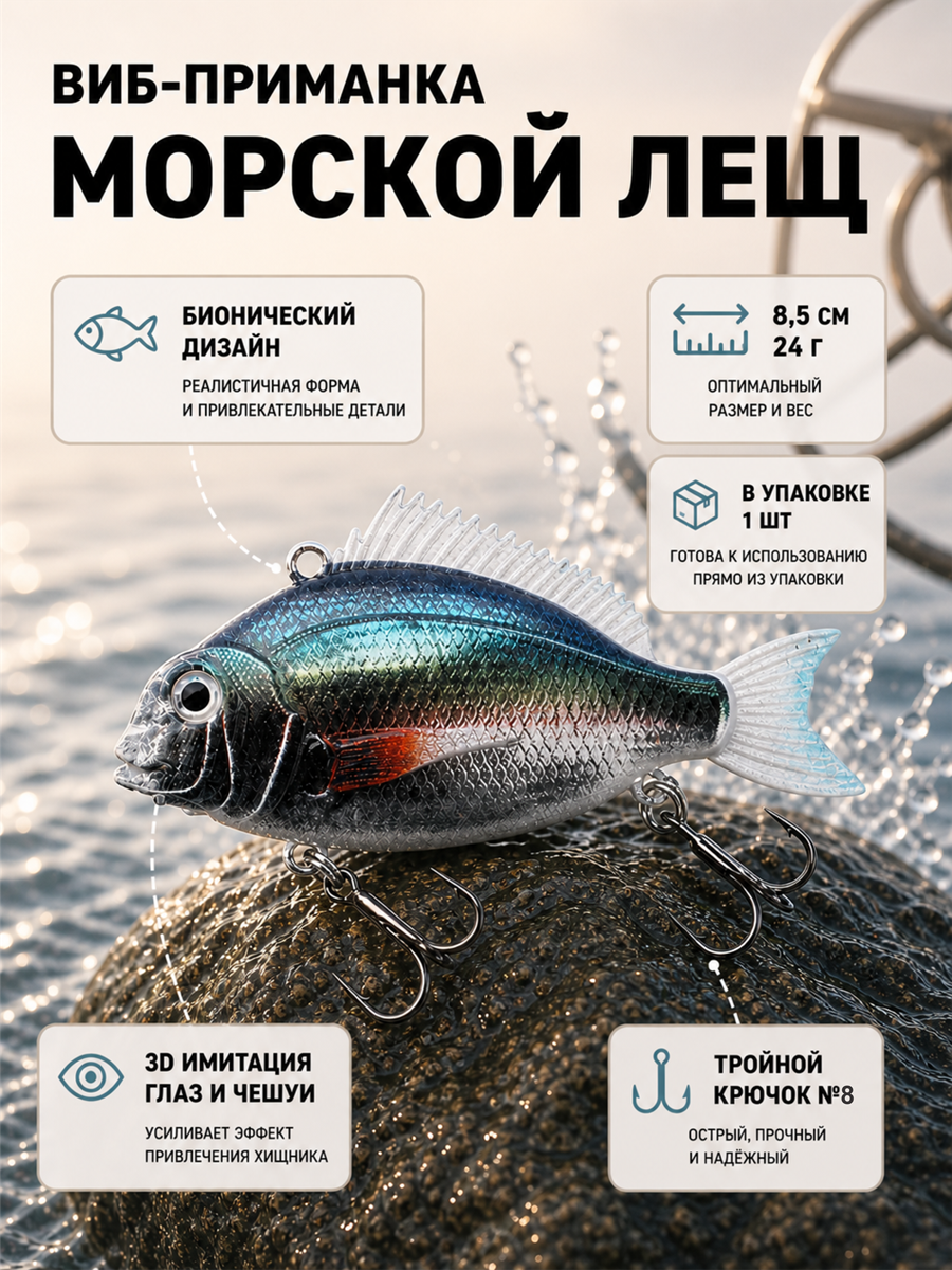 Рыболовная 3D вибрационная виб-приманка (VIB), имитация морского леща, тонущая для дальнего заброса, с тройным крючком 8,5 см/24 г, сине-серебристая