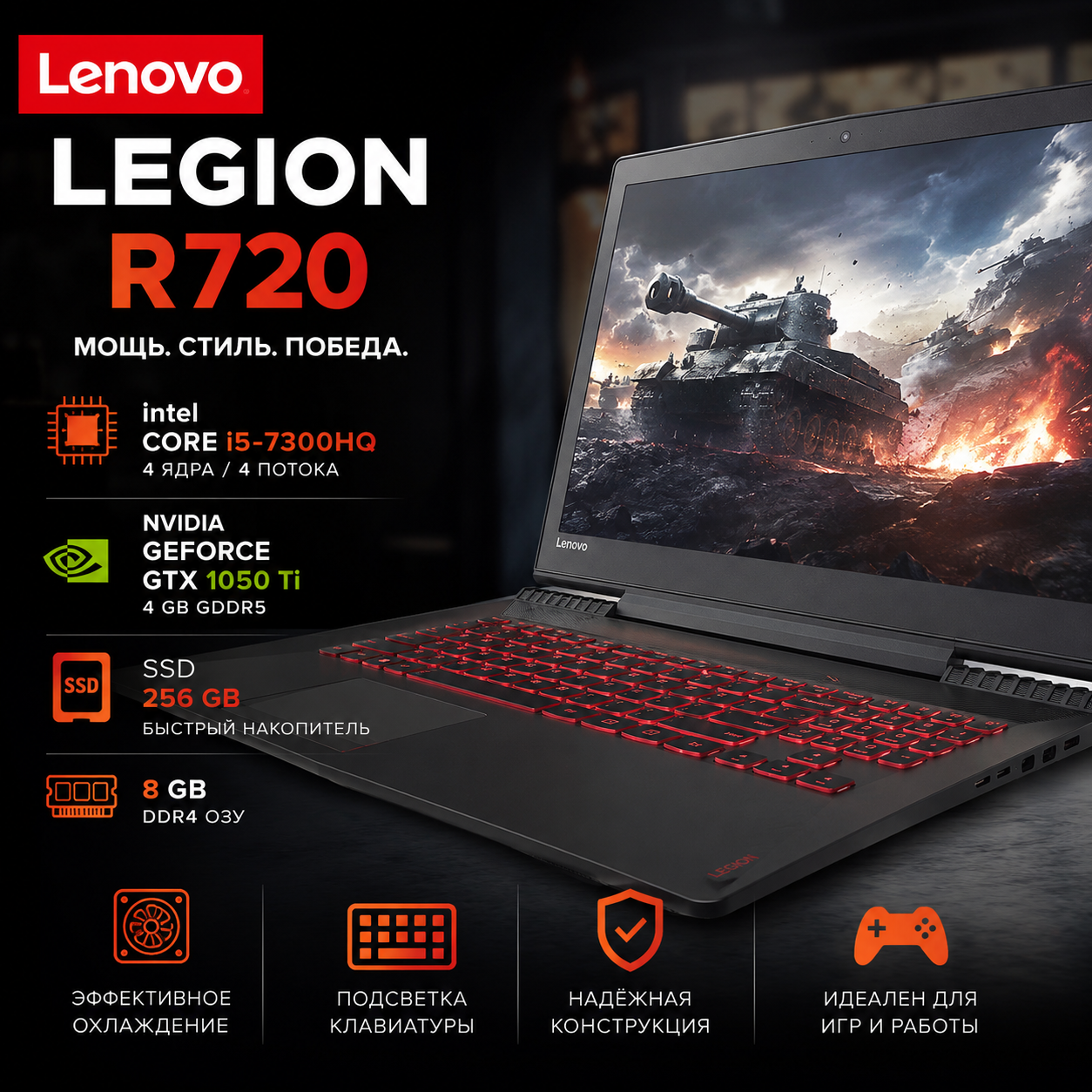 Игровой Ноутбук Lenovo Legion, Intel Core i5-7300HQ, NVIDIA GTX1050Ti 4GB SSD 256GB RAM 8GB