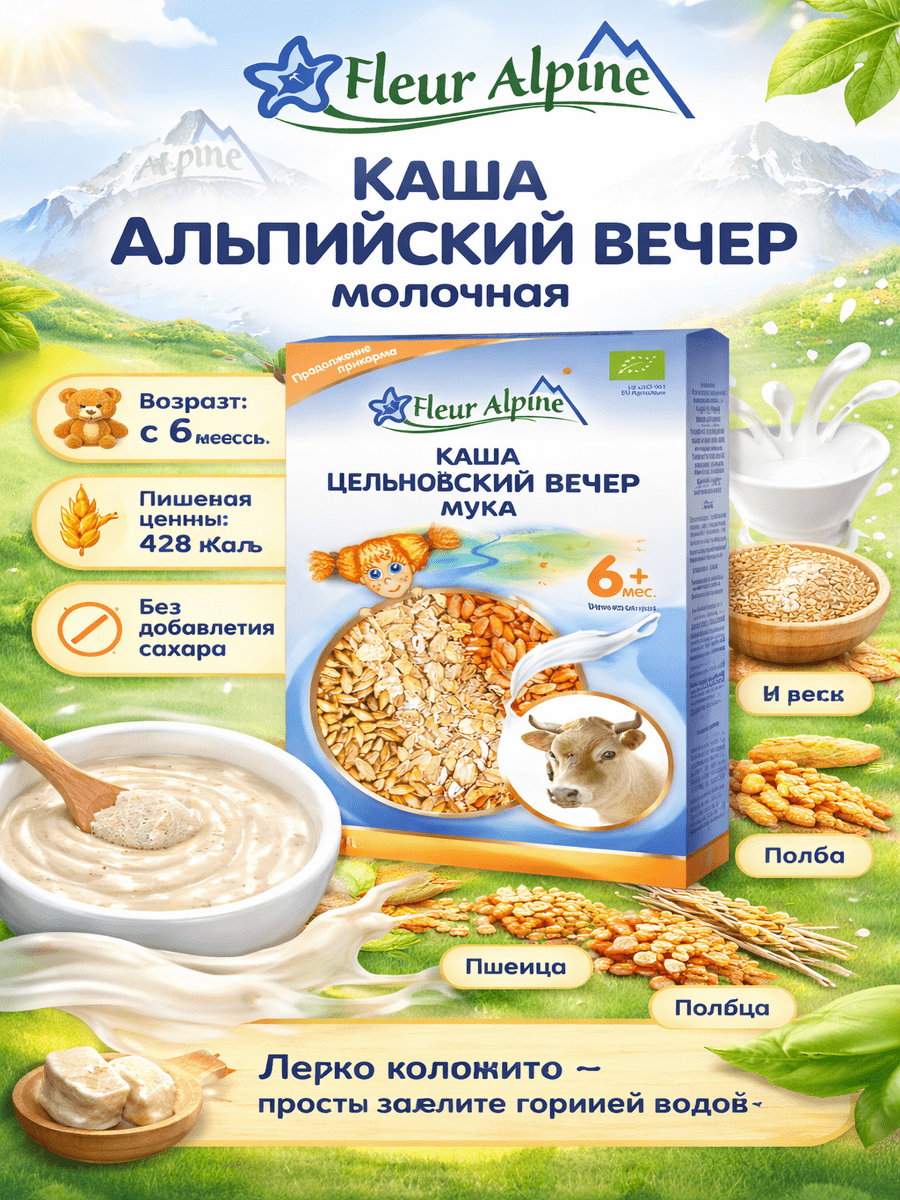 Каша молочная детская Fleur Alpine Альпийский вечер Злаковая с 6 месяцев, 200г