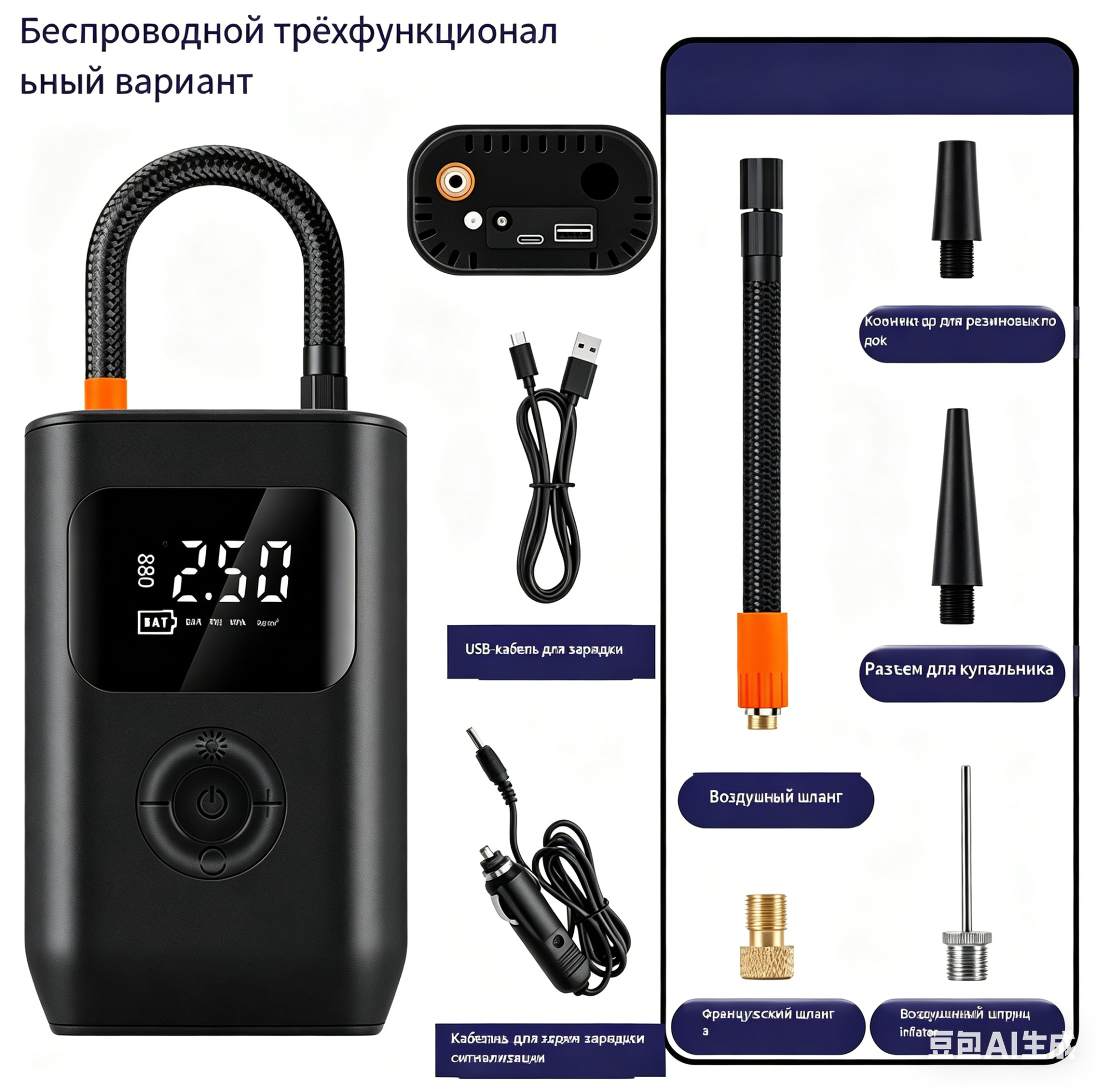 Беспроводной автомобильный компрессор 3-в-1, портативный, Type-C, PowerBank, питание от прикуривателя