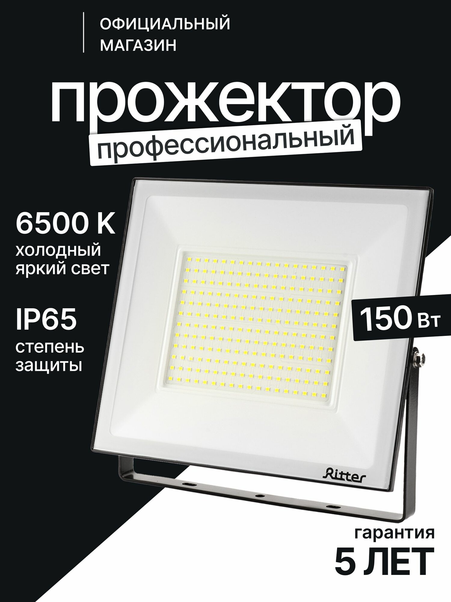 Прожектор светодиодный уличный 150Вт 6500К IP65, белый холодный свет, Ritter Профи