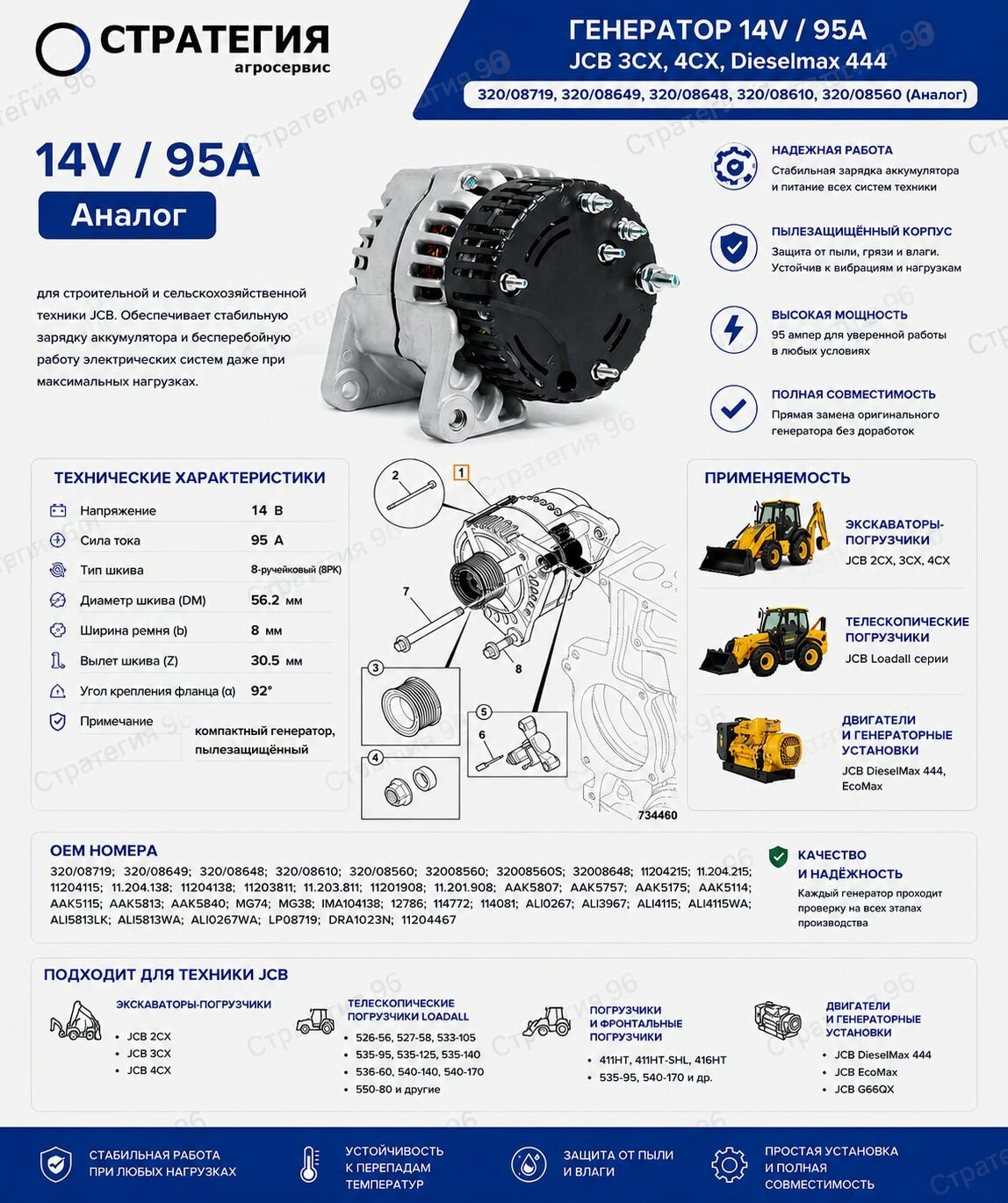 320/08719, 320/08649, 320/08648, 320/08610, 320/08560 Генератор 14V, 95 ампер, 8-руч, JCB 3CX, JCB 4CX, JCB Dieselmax 444 (Аналог) Аналог