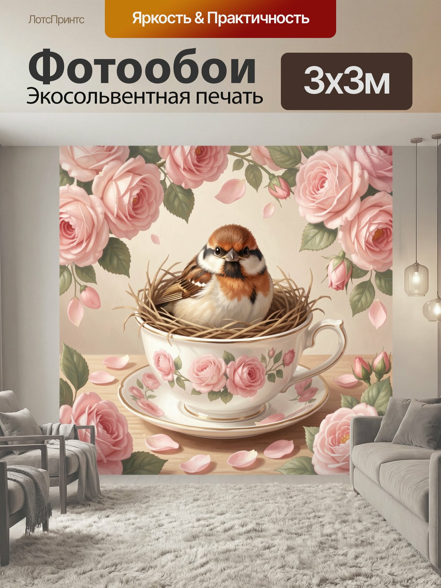Фотообои "Птичка в чашке с розами. Нежная иллюстрация с маленькой певчей птицей в фарфоровой посуде, окружённой розовыми бутонами и." 300x300 см. экосольвентная печать