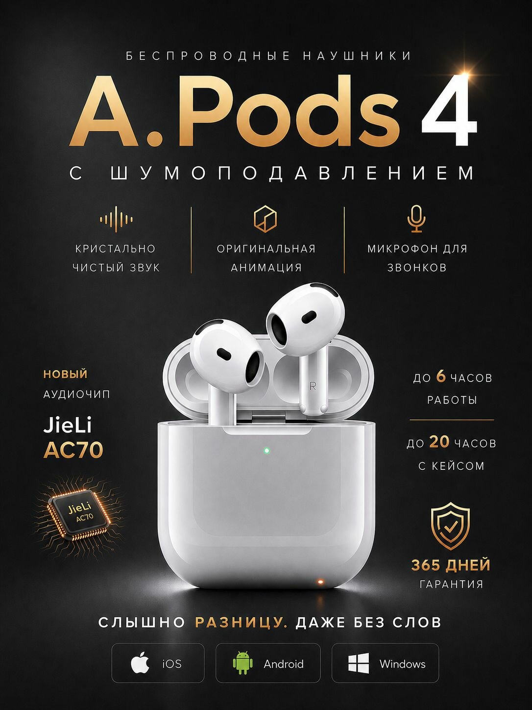 Наушники беспроводные для телефона A.Pods 4 с шумоподавлением