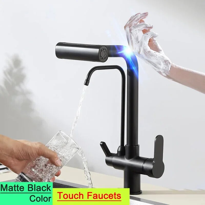 Кран для кухни с фильтром Waterfall Touch из латуня, смесительный кран для кухонного раковина с подвижным выходом на горячую и холодную воду, трехпозиционный сенсорный фильтрующий кухонный кран