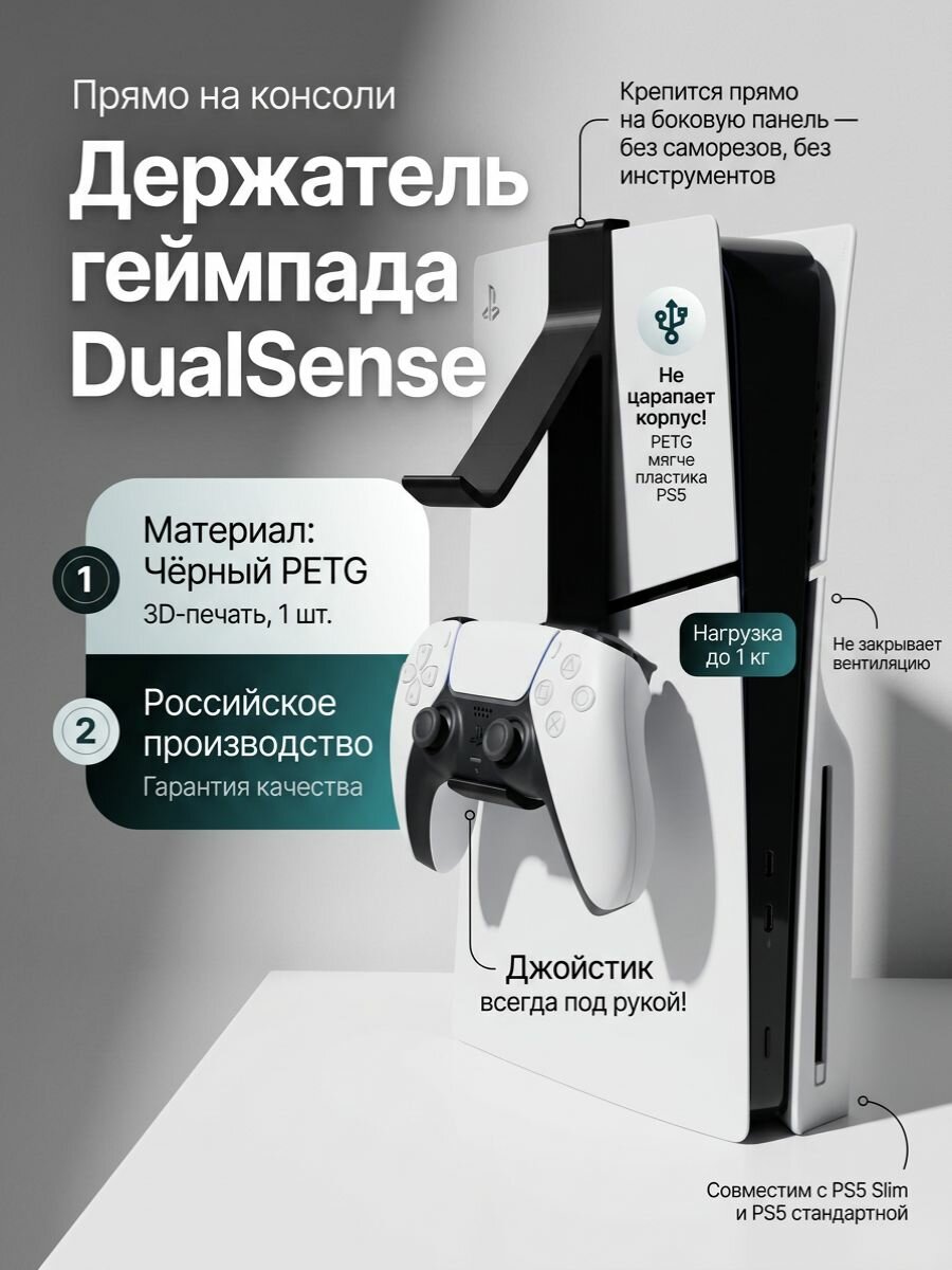 Держатель для геймпада DualSense на корпус PS5, крепление-клипса на боковую панель консоли, PETG, чёрный для двух геймпадов навесной