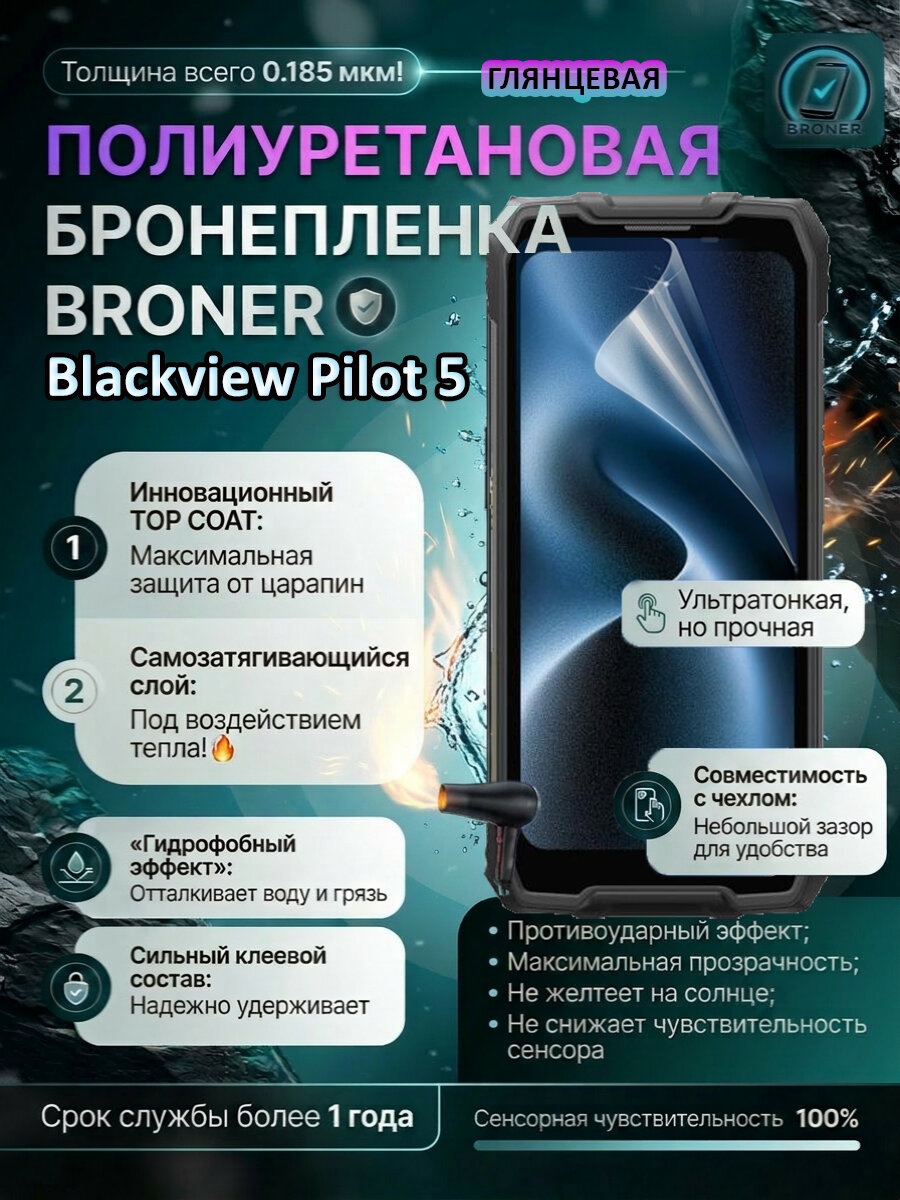 Полиуретановая бронепленка для Blackview Pilot 5 / Защитная плёнка на экран, совместима с чехлом, с вырезом под камеру / Глянцевая