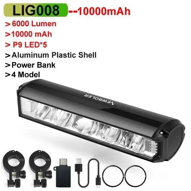 NEWBOLER Велофонарь 6000 Lumen, 10000mAh, P9 LED*5