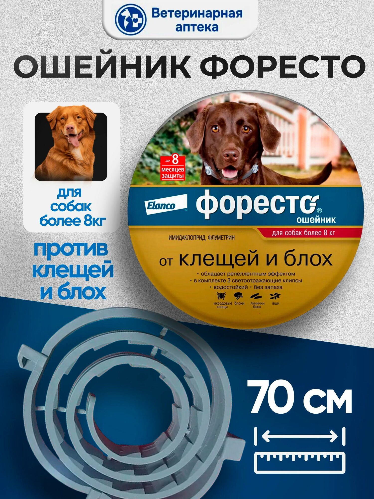 Форесто ошейник от клещей и блох для собак более 8кг