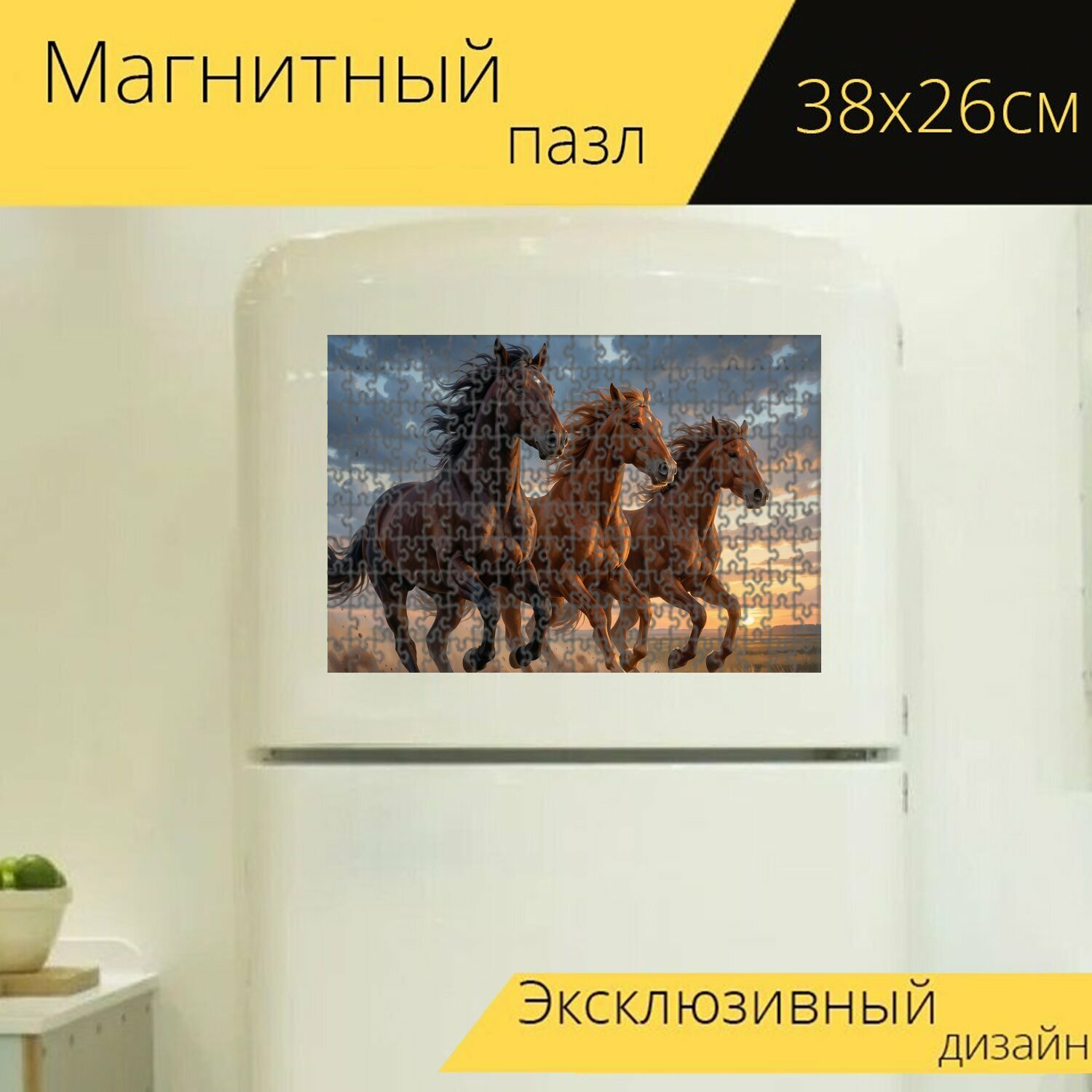 Магнитный пазл "Три скачущие лошади на закате. Мощная сцена с тремя бегущими конями на фоне драматичного неба и золотого заката. Реалистичная живопись." для интерьера, 38х26 см.