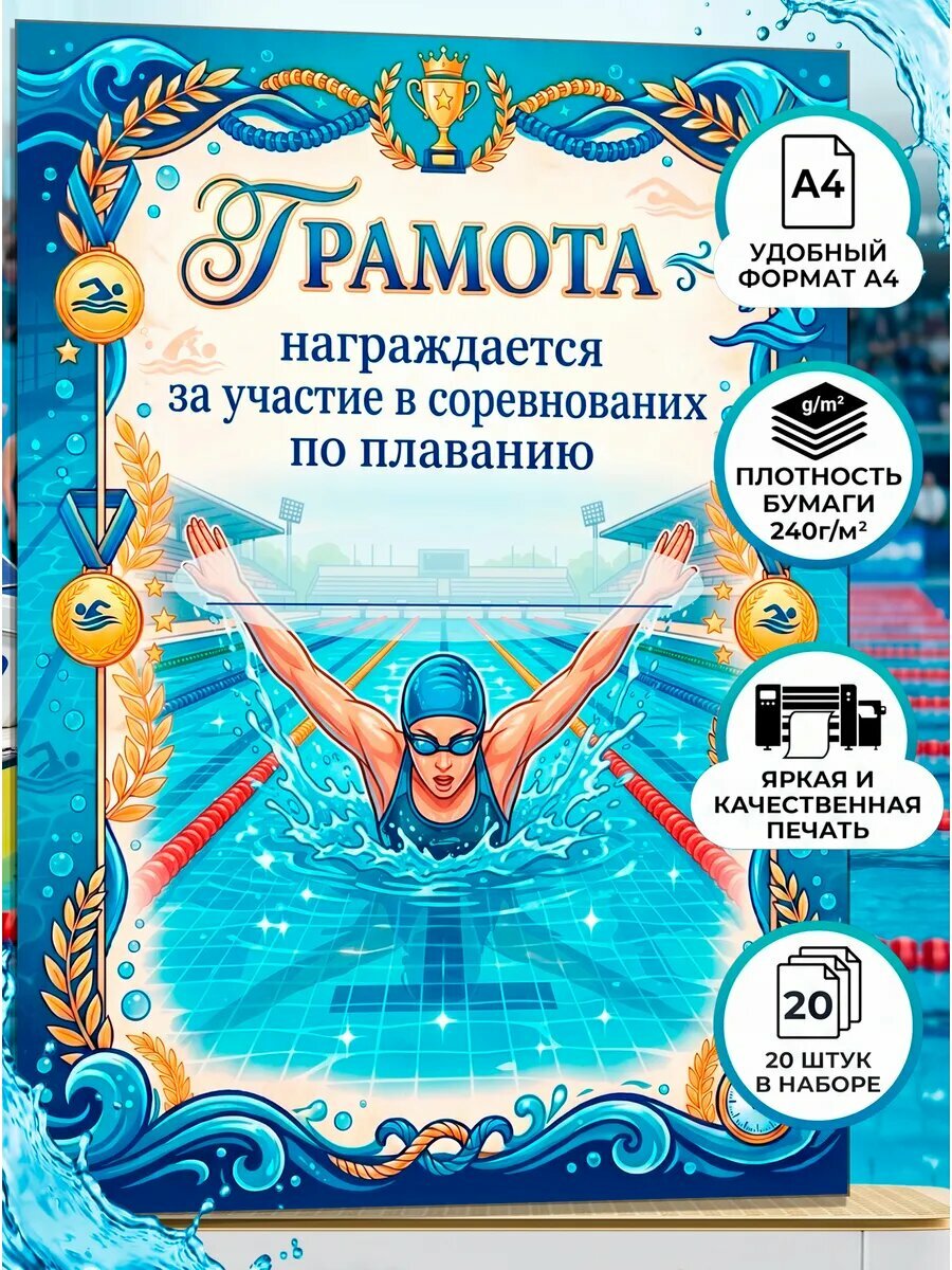 Набор грамот за участие в соревнованиях по плаванию 20шт.