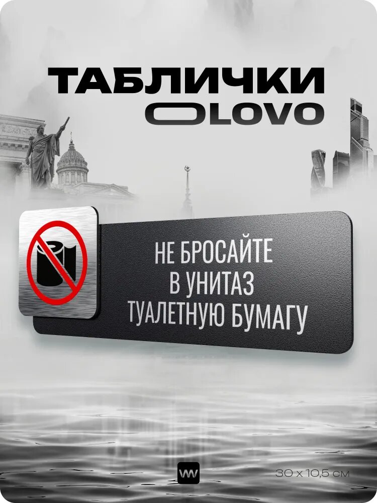 Табличка "Не бросайте туалетную бумагу в унитаз" на дверь, на стену, универсальная, черная с металлической серебристой вставкой, для офиса, общественного места, кафе, OLOVO SLV, Айдентика Технолоджи
