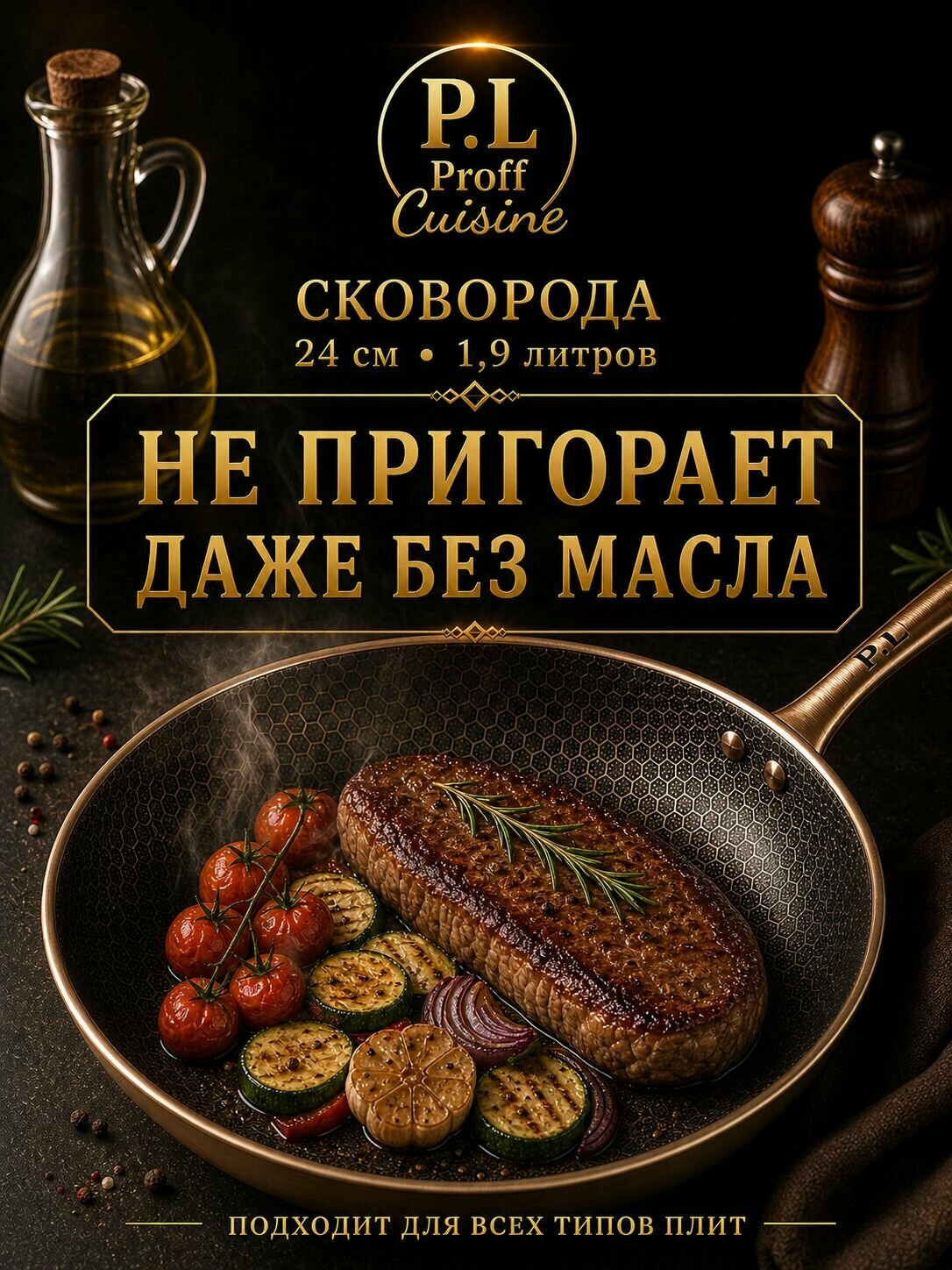 Сковорода 24 см P.L. Proff Cuisine TRI-PLY, антипригарная, нержавеющая сталь, для индукции, газ, электрическая