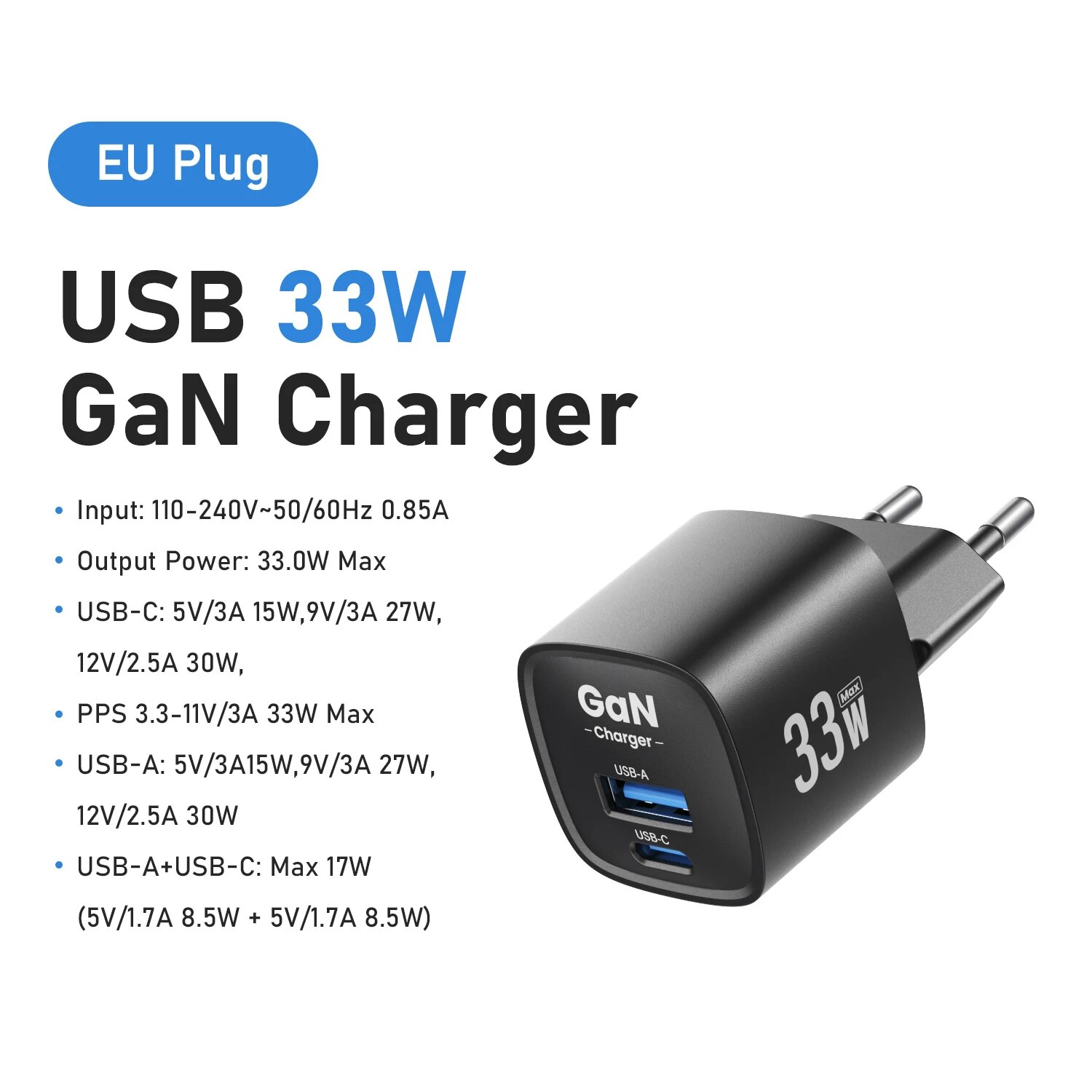 Портативное Зарядное Устройство GaN USB Type-C 33W С Двумя Портами PD PPS Для iPhone EU Plug