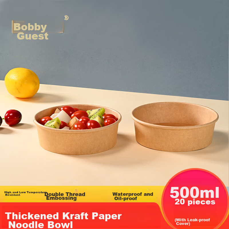 Babycare Disposable Kraft Paper Bowls, Biodegradable Eco-Friendly Takeout Bowls, Round Food Containers, 500ml, 20 Pieces