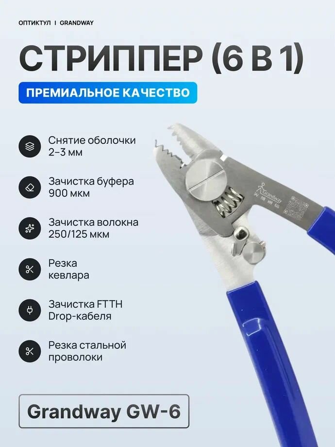 Оптоволоконный стриппер ножницы для разделки оптического кабеля (6 в 1) Grandway GW-6